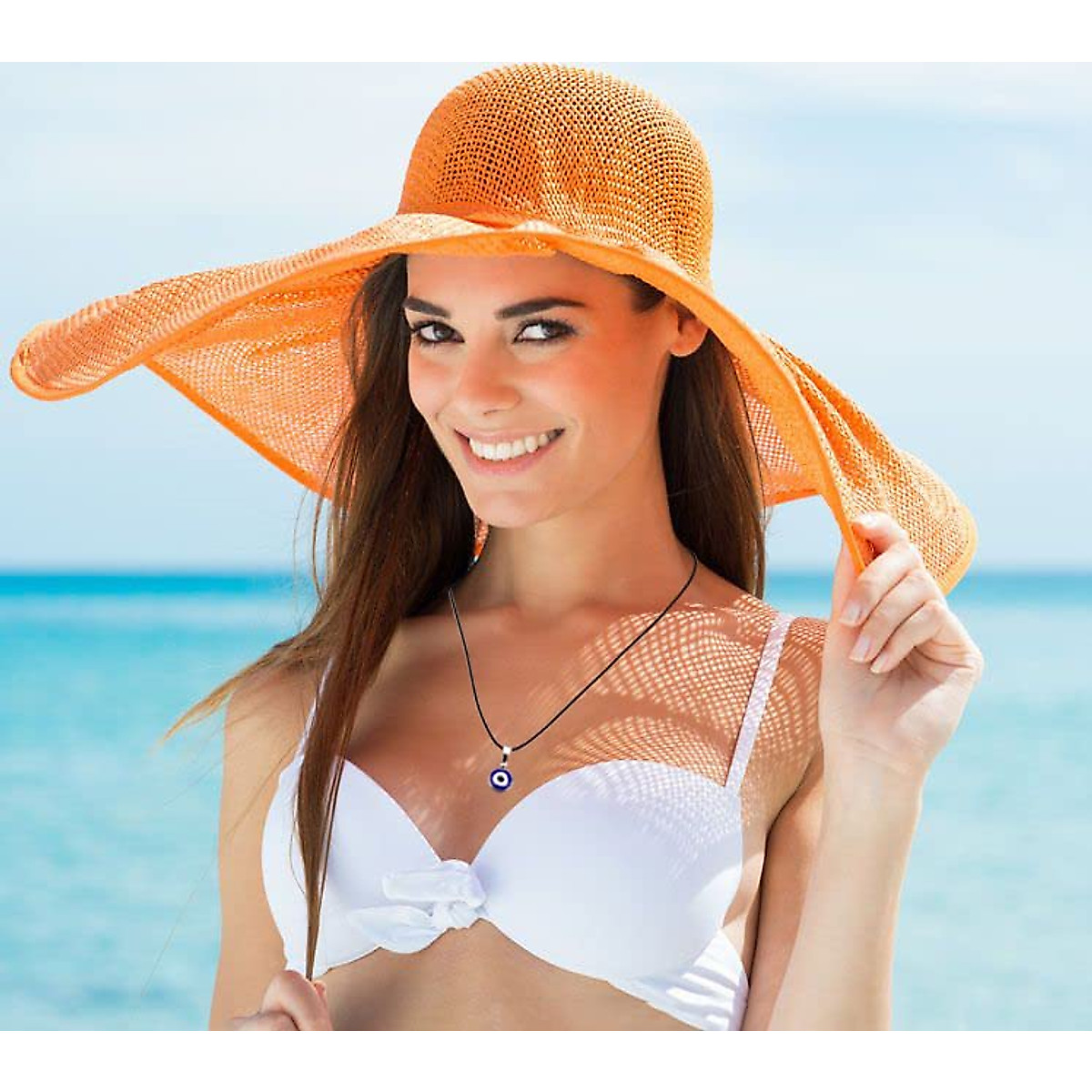 RUIZHEN Silver Leather Cord Glass Charm Evil Eye Pendant Necklace Blue Eyes Necklace (cord)