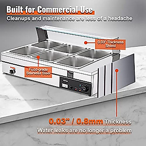 VEVOR 6-Pan Commercial Food Warmer, 6 x 12QT Electric Steam Table with Tempered Glass Cover, 1500W Countertop Stainless Steel Buffet Bain Marie 86-185°F Temp Control for Catering, Restaurants, Silver