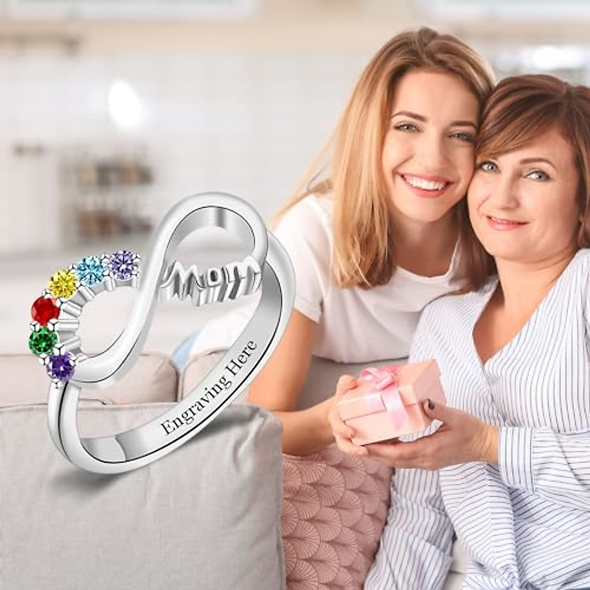 ORFAN Personalized Sterling Silver Infinity Mothers Rings with 1-6 Simulated Birthstones Family Rings for Mother Grandmother Custom Christmas Gift for Mother