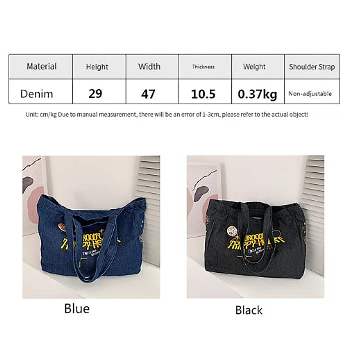 Tote Vintage Denim Embroidery Casual Cool Girl Shoulder Bag Soft Student Large Capacity Shopping Bag Harajuku (blue)