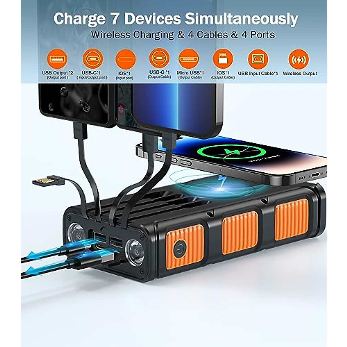GOODaaa Power Bank Wireless Charger 45800mAh Built in Hand Crank and 4 Cables 15W Fast Charging Power Bank 7 Outputs & 4 Inputs Solar Portable Charger, SOS/Strobe/Strong Flashlights, Compass (Orange)