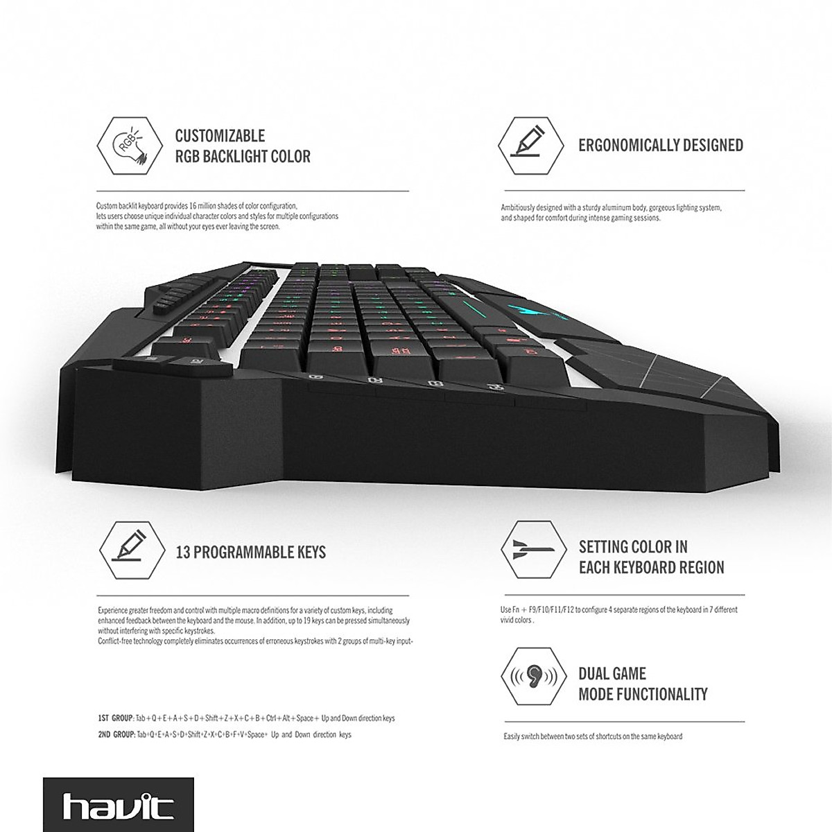 Havit Lammergeier LED Definable RGB 7 Backlit Programmable Wired Mute Gaming Keyboard (HV-KB346L)