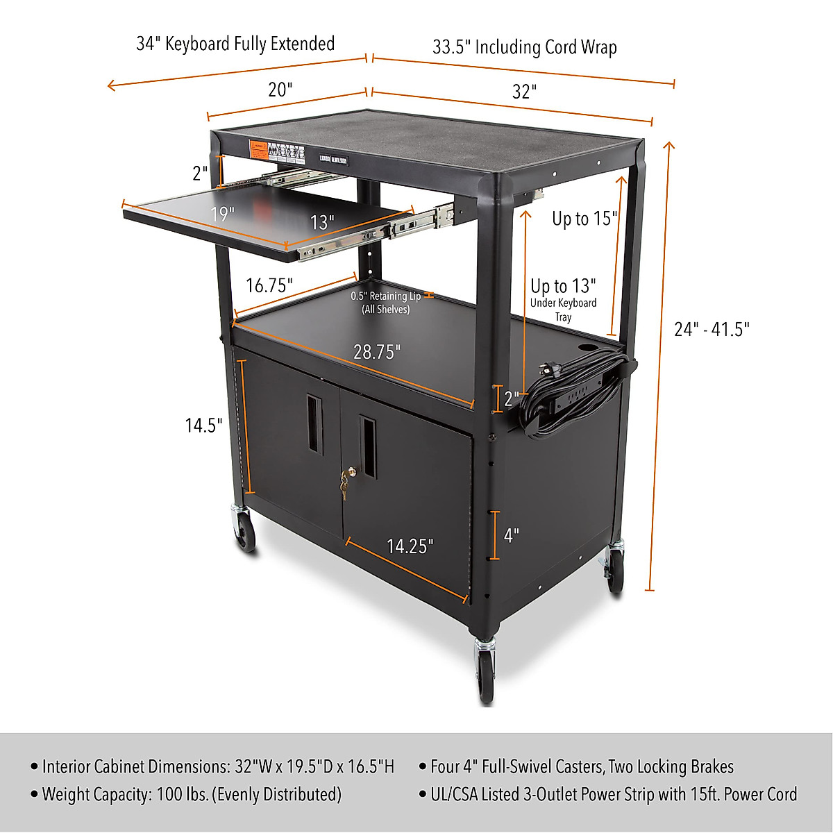 Line Leader Extra Wide AV Cart with Locking Cabinet, Rolling Computer Desk, Height Adjustable Utility Cart with Pullout Keyboard Tray & UL-Listed Power Strip, Great for Projectors (42 x 32 x 20in)