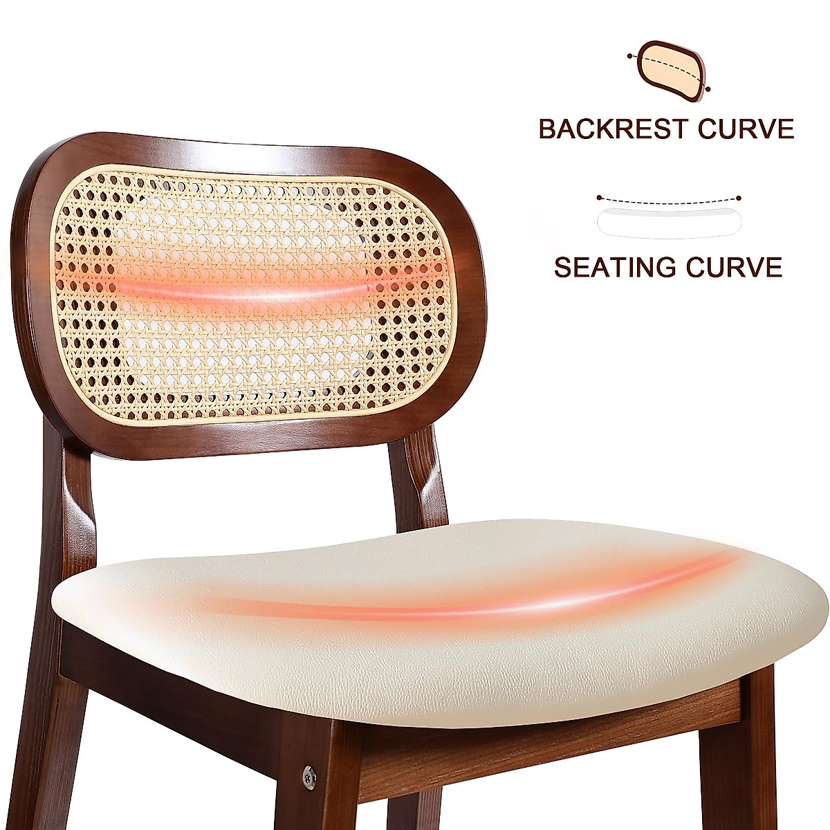 Counter Height Bar Stools Set of 3 Rattan Barstools with Back and Wood Frame, PU Leather Upholstered Bar Chairs, Mid Century Modern Farmhouse Counter Stool for Kitchen Island/Home Bar, Cream White