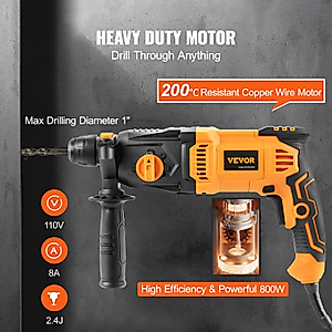 VEVOR 1 Inch SDS-Plus Rotary Hammer Drill, 8 Amp Corded Drills, Heavy Duty Chipping Hammers w/Safety Clutch, Electric Demolition Hammers, Taladro Rotomartillo, Power Tool For Concrete