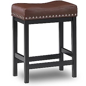 OUllUO Single Bar Stools, 24" Counter Height Bar stools, PU Leather Bar Stools for Kitchen Counter, Modern Metal Base Padded Saddle Barstool with Nailhead Trim Stools for Island,Brown,918BR1