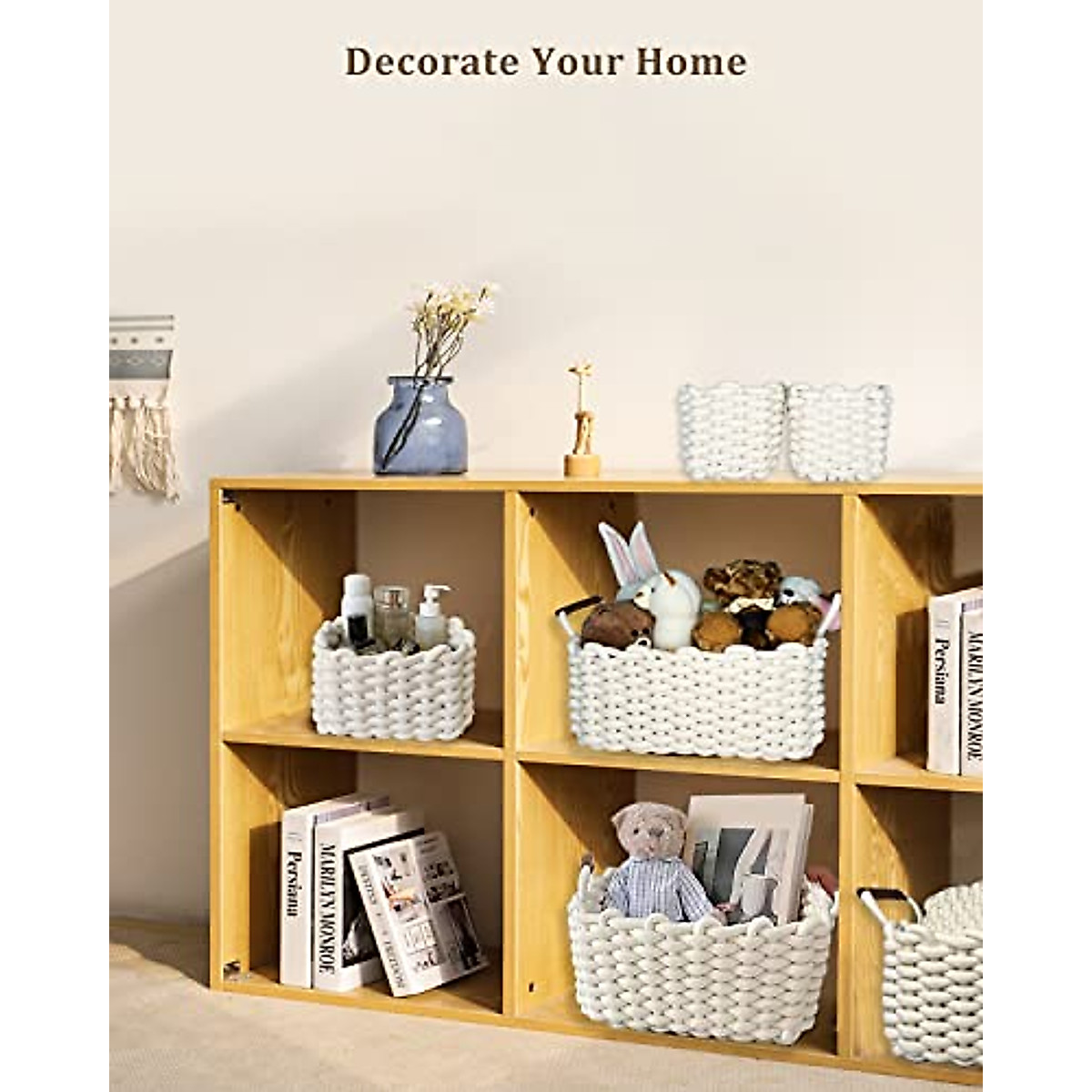 3-Piece Woven Baskets for Storage, Verkigle White Cotton Rope Basket with Handle, Decorative Cute Baskets for Room Desktop Organizing, Empty Gift Basket, Small Shelf Basket for Baby Nursery