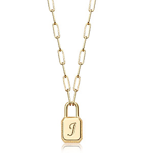 MTMY Lock Initial Necklaces,14K Gold Plated Adjustable Paperclip Chain Dainty Lock Necklace Personalized Engraved Letter Lock Pendant Necklace for Women Jewelry (J)