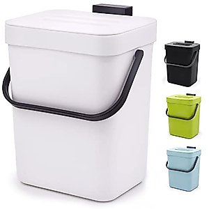 MONGTINGLU Countertop Compost Bin - 1.3 Gallons Hanging Small Trash Can with Lid for Kitchen Bathroom, Under Sink Kitchen Trash Can, Indoor Counter Compost Bucket with Lid, 5L(White)