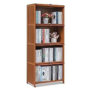 MoNiBloom Tall Book Storage Cabinet with Doors, 4 Tier Bamboo Free Standing Book Shelf Organizer Stand for Children's Student, Hallway, Home Office, Brown