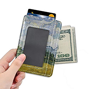 Linomo Thin leather Card Holder and Money Clip Van Gogh Wheat Field Cypresses Wallet RFID Blocking for Men & Women