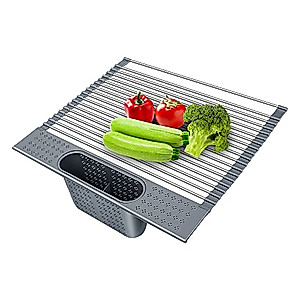 Roll Up Dish Drying Rack, Over the Sink Dish Drying Rack for Kitchen Counter Sink, Stainless Steel Sink Drying Rack with Utensil Holder, Multipurpose Foldable Kitchen Sink Rack Mat -Grey(17.3" x15.3")
