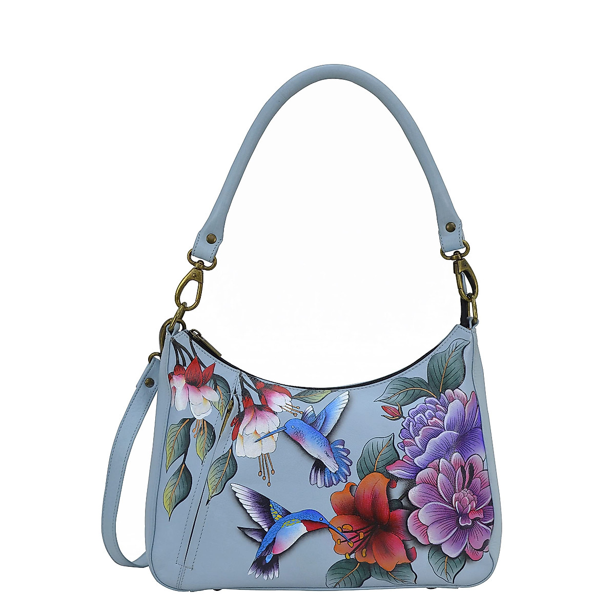 Anna by Anuschka Women's Hand-Painted Genuine Leather Large Top Zip Hobo - Garden Jewels