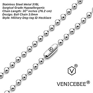 VENICEBEE Best Stainless Steel Ball Chain Medical Grade 316L Surgical Metal Dog-Tag ID Military Necklace 30" INCHES 3MM Wide Resizable 30 inch + Velvet Pouch - HYPOALLERGENIC LEAD-FREE METAL