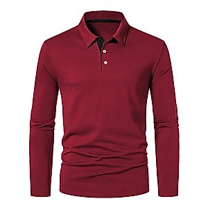 A WATERWANG Men's Long Sleeve Polo Shirts, Slim-fit Cotton Golf Polo Shirts Basic Designed Wine Red