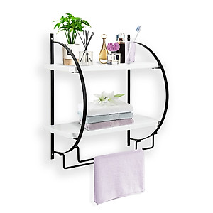 Y&ME 2 Tier Floating Bathroom Shelves with Towel Rack, Bathroom Shelves Over Toilet,White Bathroom Shelf Wall Mounted,Bathroom Towel Storage with Towel Rods for Household Decor (White)