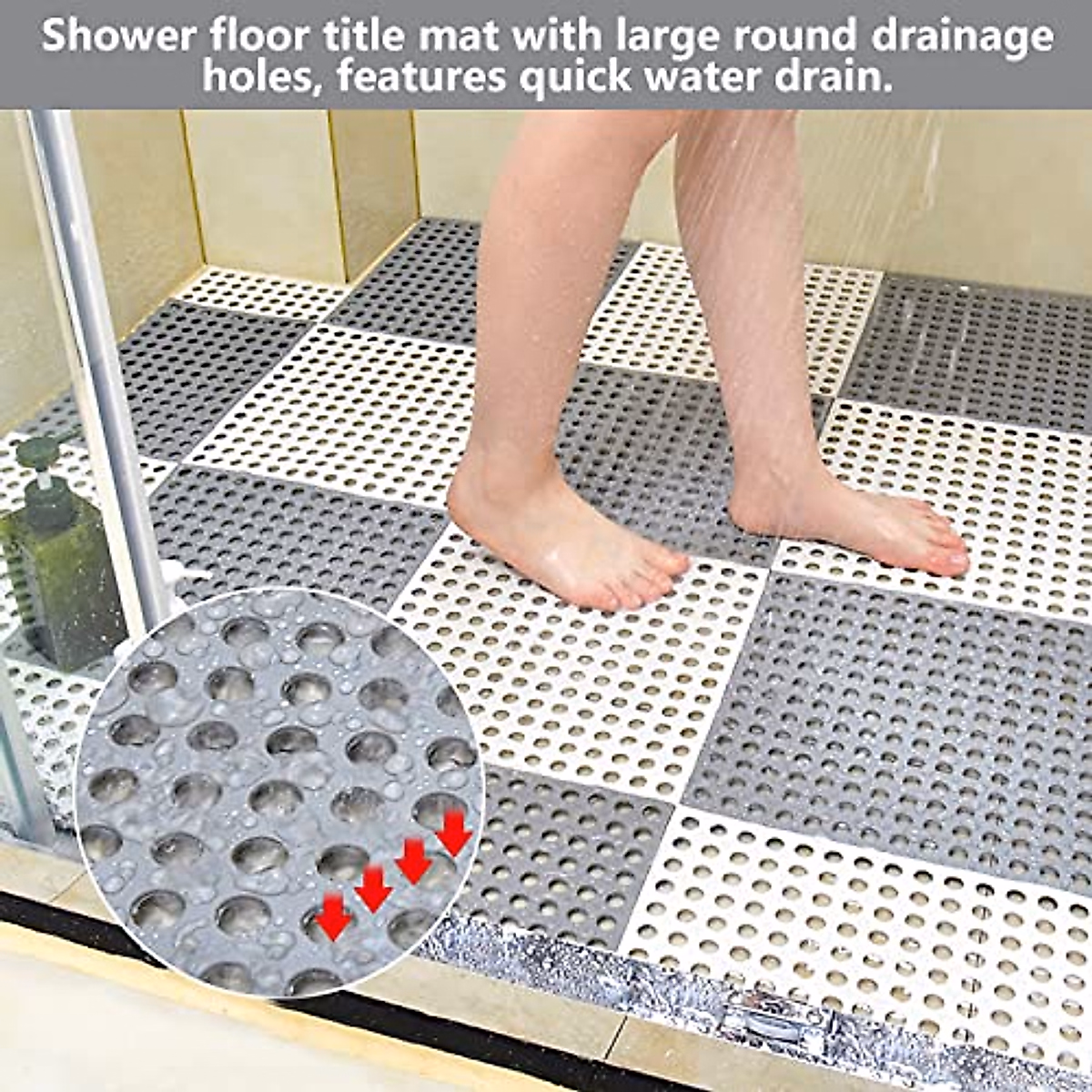 12 Pack 11.8" x 11.8" Interlocking Floor Tiles with Drain Holes Soft PVC Non Slip Shower Floor Mat Rubber Flooring Drainag Mat for Pool, Patio, Balcony, Kennel, Poultry, Dog, Grey&White