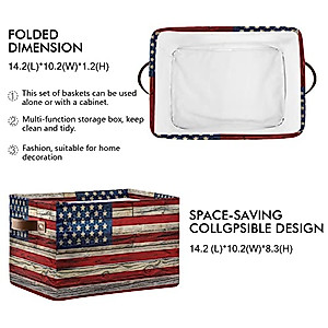 American Flag Wooden Patriotic Storage Basket Bin USA Flag 4th of July Large Fabric Toys Storage Box Cube with Handles Foldable Closet Shelf Cloth Organizer Baskets Decor for Shelves Nursery Bedroom