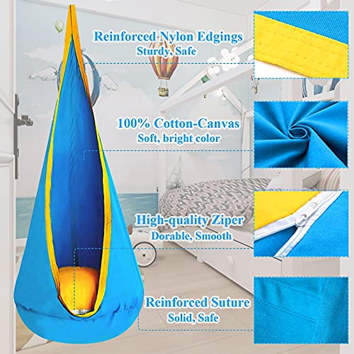 C-CHAIN Swing Pod Chair for Kids, Cotton Hammock Chair with Durable Air Cushion, Child Swing Seat Nest with Adjustable Rope, All Accessories Included (Blue)