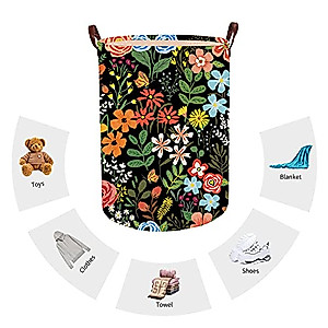Thickened Large Collapsible Laundry Hamper for Kids with Leather Handle, Canvas Fabric Laundry Basket for Clothes Storage Toys Nursery Kids Room Home Organization, Black(Flowers)
