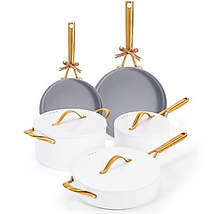 Ceramic Pots and Pans Set - VONIKI Nonstick Cookware Sets Non Toxic Cookware Set, Induction Cookware With Dutch Oven, Frying Pan, Saucepan, Sauté Pan, White Gold Pots and Pans for Cooking Set Gift