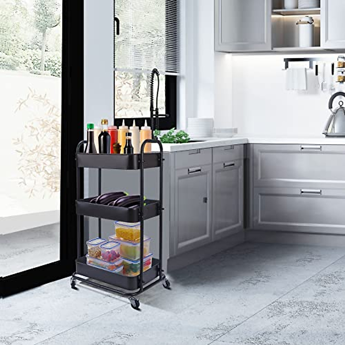 YOHKOH 3-Tier Metal Rolling Utility Cart, Storage Trolley Cart with Mesh Baskets and Lockable Wheels for Bathroom Kitchen Office (Dark Black)