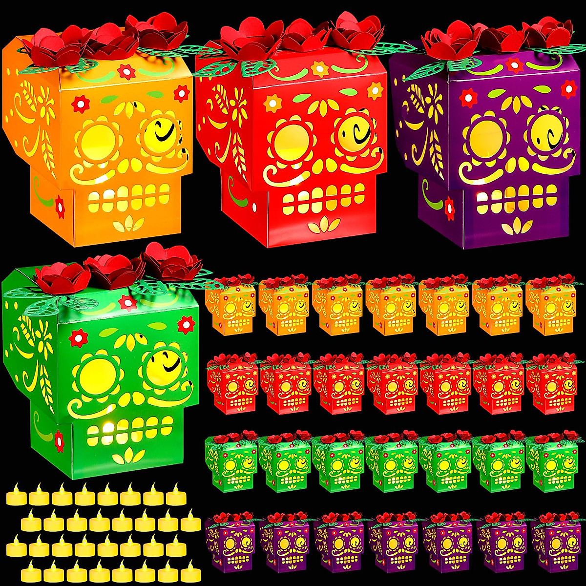 Glooglitter 32 Sets Dia De Los Muertos Luminary Bags Lanterns with Flameless Tea Candle Halloween Day of The Dead Paper Treat Bags Flame Resistant Candle Box for Dia De Los Muertos Party Decorations