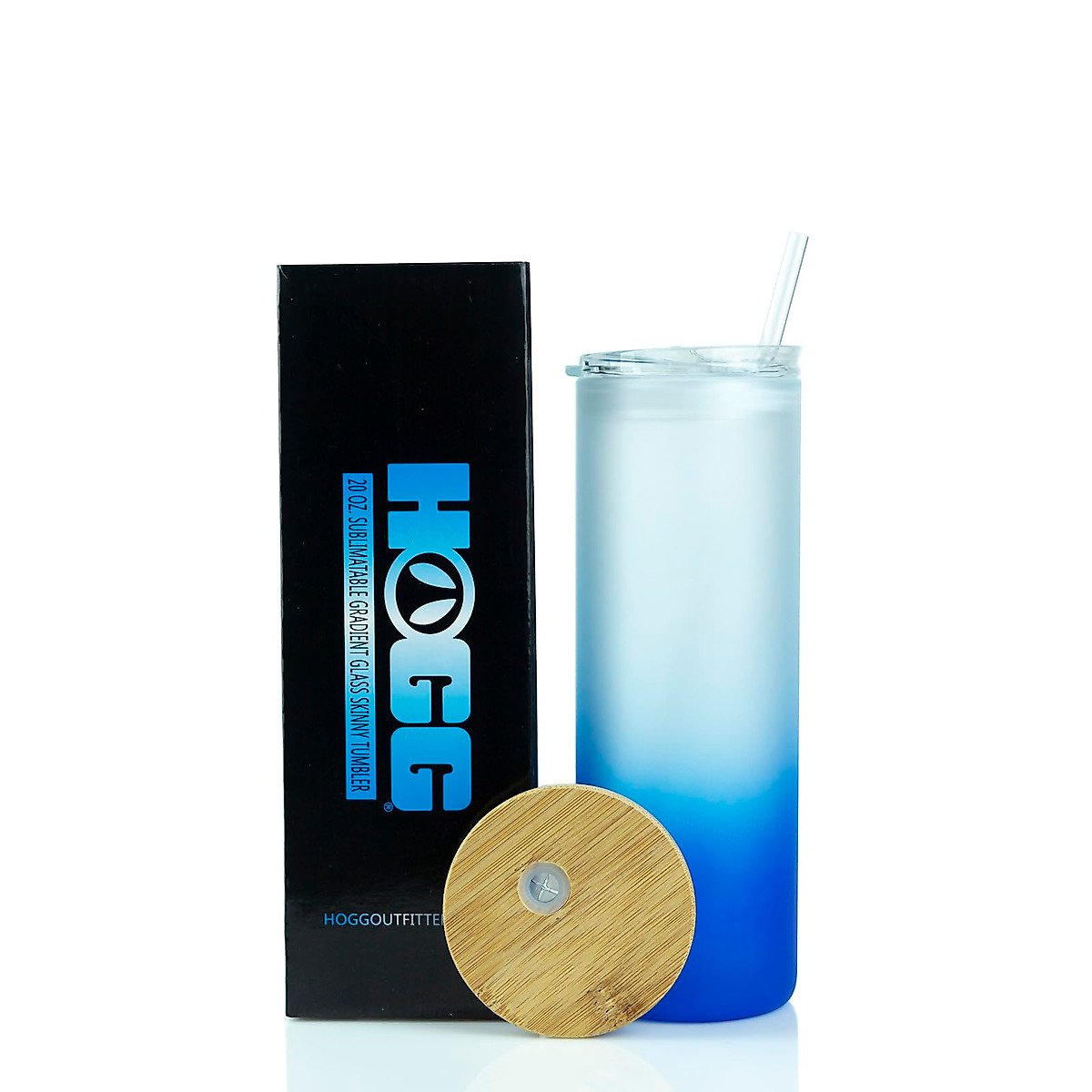 Hogg 20oz Sublimation Glass Cups - Blue Gradient Duo (25 Units), Comes with 2 Lids, Frosted Glass Cups with Lids and Straws Bulk, Sublimation Blanks Bulk, Frosted Sublimation Glass with Bamboo Lid