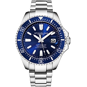 Stuhrling Original Men's Watches Pro Dive Watch Sports Watch with 42 MM Case Blue Dial Stainless Steel Silver Bracelet Diving Watch for Men (Blue)