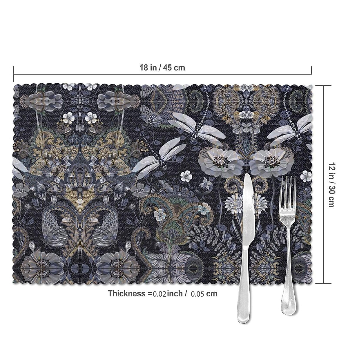 Placemats, Dragonflies Grey Print Placemats Set of 6, Heat Resistant Place Mats, Washable Table Mats