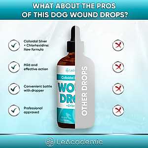 LeAcademic Dog Wound Drops | Drops for Dog Wound Care | Dog Wound Heal | Dog Wound Wash | Dog Wound Cleaner + Chlorhexidine | Wound Wash for Dogs | Colloidal Silver for Dogs | 2 Oz