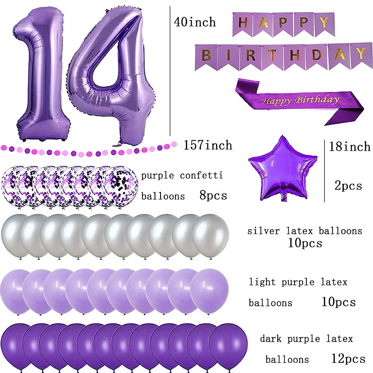 Purple 14th Birthday Party Decorations Purple Happy Birthday Paper Banner Purple 40inch Number 14 Happy birthday Sash Latex and Confetti Balloons Perfect for 14 Years Old Party Supplies Balloons