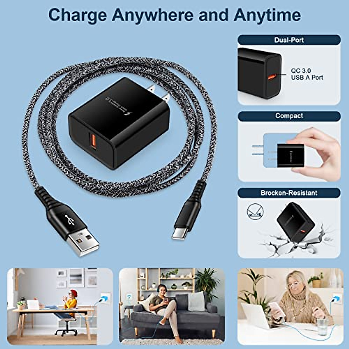 Type C Android Charger Moto Phone Charger Fast Charger for Moto G73/G53/G23/G Play 2023/G Stylus 5G 2022/G Power 2022/2021/G Pure/G Play 2021/One 5G Ace/One 5G UW/Edge 2022/G9/G8/G7/Z4/Edge 30 Ultra