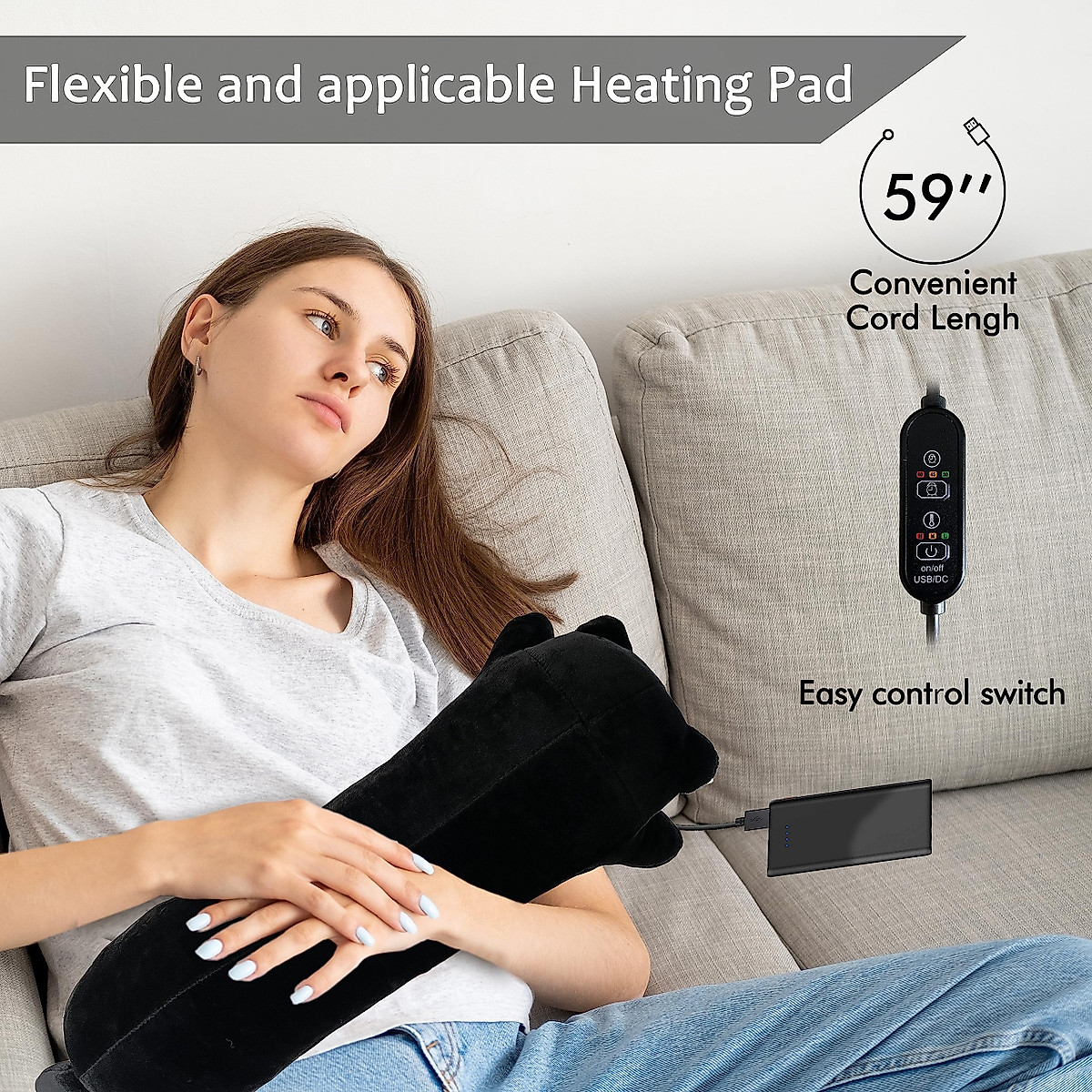 Heating Pads for Period Cramps & Menstrual Pain Relief, Portable Cute Stuffed Animal Heat Pad USB Powered for Car Trivel, Gift for Women Mom Teen Girls Birthday（Black cat2）