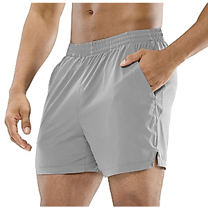MIER Men's Workout Running Shorts Quick Dry Active 5 Inches Shorts with Pockets, Lightweight and Breathable, Light Grey, L