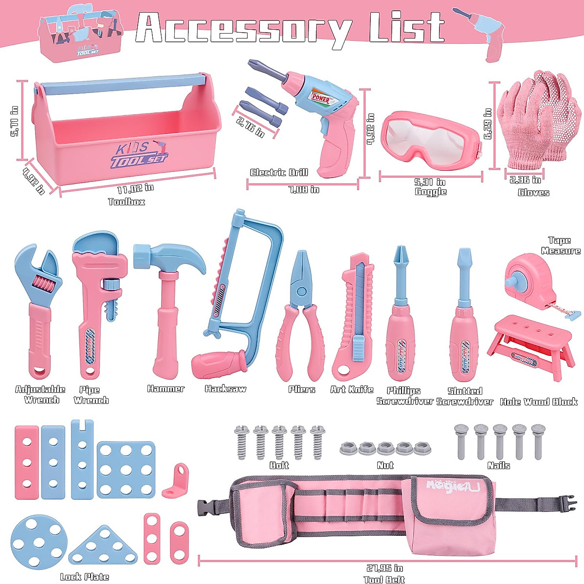 Kids Tool Set, 48PCS Toddler Tool Set with Electronic Toy Drill & Kids Tape Measure,Pretend Play Construction Toys Costume with Kids Tool Belt & Gloves,Toy Tools Box for Girl Boy Ages 3-8