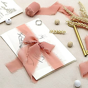 Chiffon Silk Ribbon for Gift Wrapping, Frayed Boho Ribbon for Wedding Invitation Bridal Bouquet, Pink White Cream Ribbon 3 Rolls 1.5 Inch 7 Yards, 10Pcs Wax Seal Stickers Included