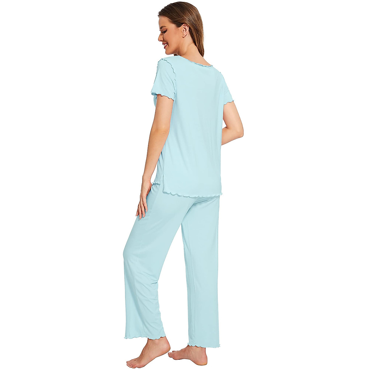 WiWi Womens Viscose from Bamboo Pajamas Set Short Sleeve Pjs Pajama Sleepwear Soft Pants Sets S-XXL, Aqua, Medium
