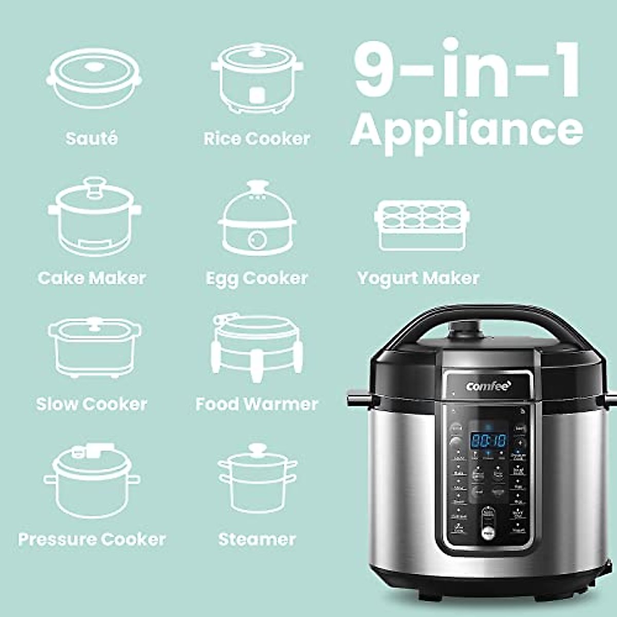 COMFEE’ 6 Quart Pressure Cooker 12-in-1, One Touch Kick-Start Multi-Functional Programmable Slow Cooker, Rice Cooker, Steamer, Sauté pan, Egg Cooker, Warmer and More