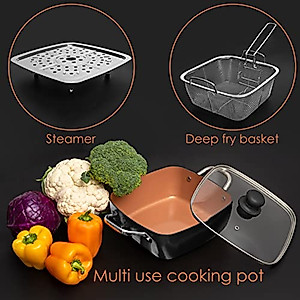 Moss & Stone Copper 5 Piece Set Chef Cookware, Non Stick Pan, Deep Square Pan, Fry Basket, Steamer Tray, Dishwasher & Oven Safe, 5 Quart Copper Pot Set, Black Induction Cookware Set