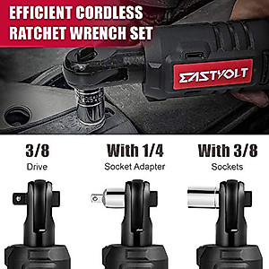 Eastvolt 12V Cordless Electric Ratchet Wrench Set, 3/8 Inch 35 Ft-lbs Power Wrench Tool Kit with Fast Charger, 2.0Ah Lithium-Ion Battery, 7-Pieces 3/8 Inch Metric Sockets and 1/4" Adaptor, Black + Red