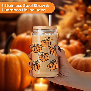 LEADO Fall Pumpkin Cup, Halloween Iced Coffee Cup, 16 oz Aesthetic Cute Glass Cups with Lids and Straws, Thanksgiving Tumbler Mug - Fall Gifts, Halloween Boo Basket Gifts for Women, Her, Adult