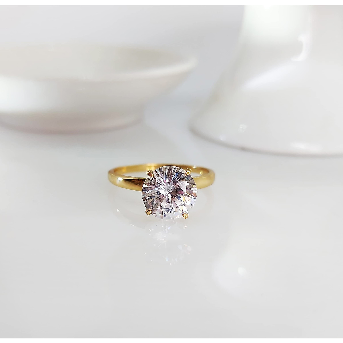 Hoops & Loops Yellow Gold Flashed 925 Sterling Silver 3.0ct Round Brilliant Cut Cubic Zirconia Solitaire Engagement Bridal Wedding Statement Band Ring for Women, Size 7