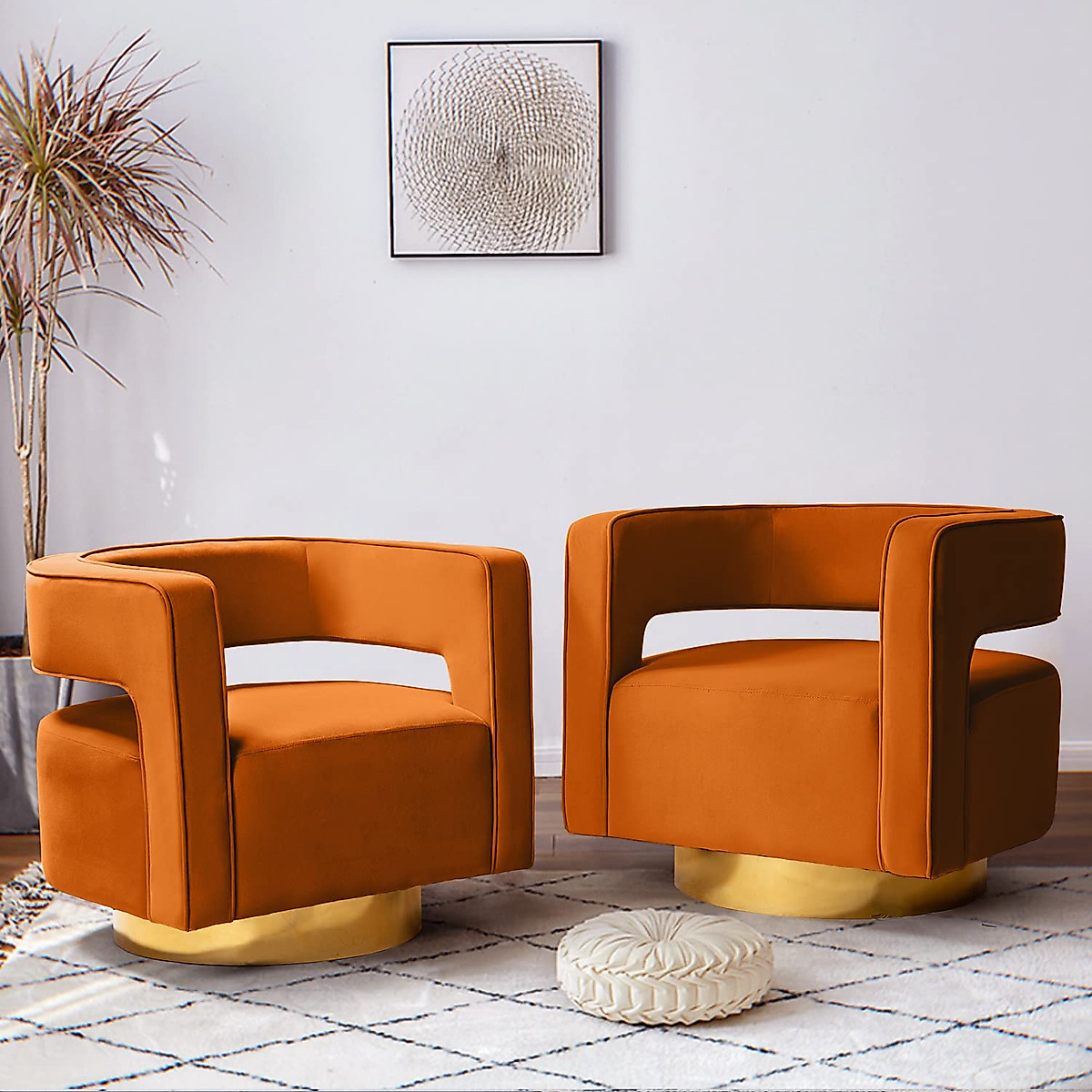 HULALA HOME Swivel Accent Barrel Chairs Set of 2, Modern Velvet Accent Chairs with 3D Curved Open Back & Swivel Gold Metal Base, Velvet Club Lounge Chairs for Living Room Bedroom Nursery, Orange