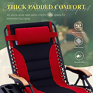 PHI VILLA XXL Oversized Padded Zero Gravity Chair, Foldable Patio Recliner, 30" Wide Seat Anti Gravity Lounger with Cup Holder, Support 400 LBS (Red)