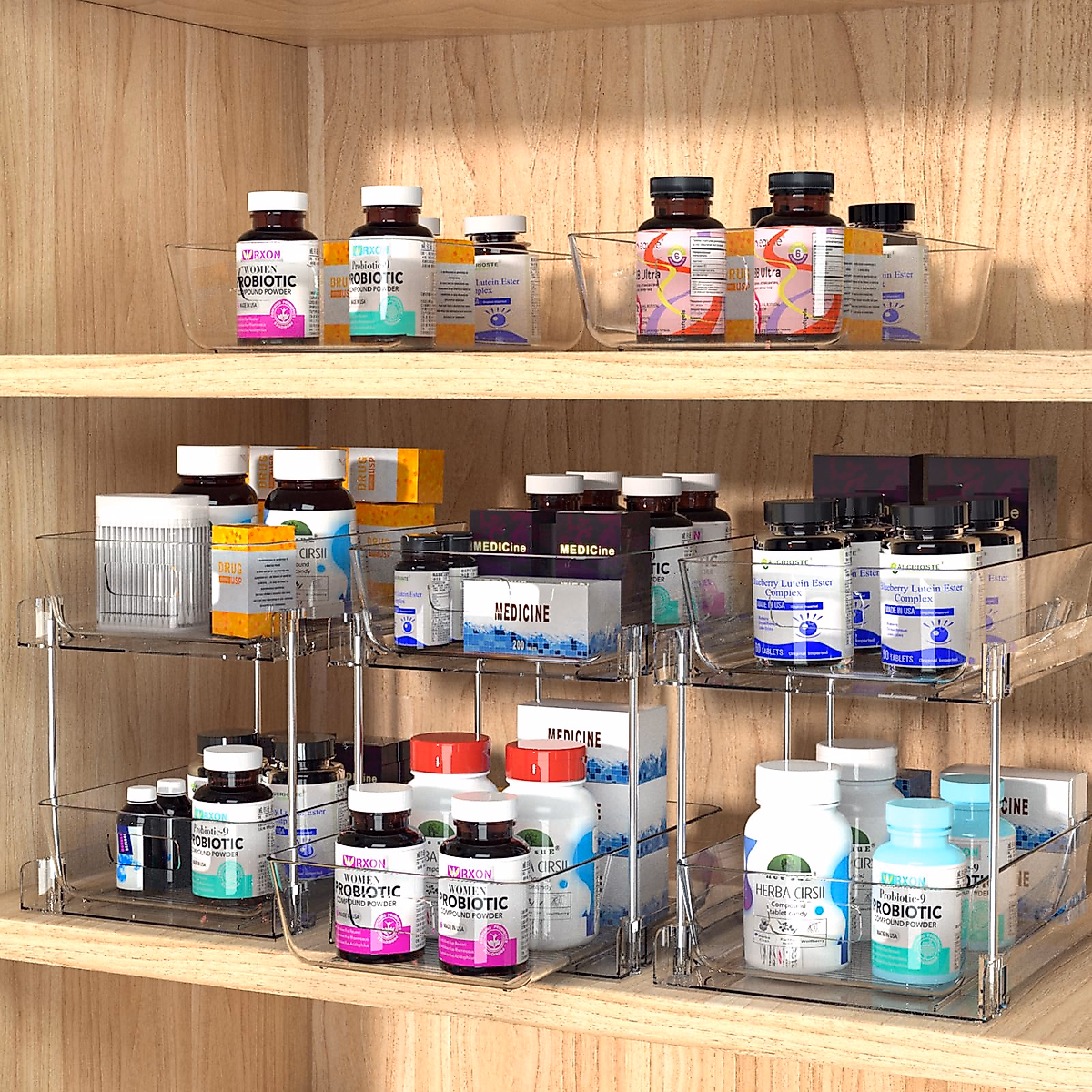 2 Tier Clear Bathroom Organizers 1Pack, Pull Out Organizers and Multi-Purpose Snack Storage, Kitchen Pantry Medicine Cabinet Slide Out Drawer Vanity Counter Organizing Tray, Under Sink Organizer