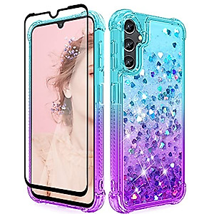 Dzxouui for Samsung A14 5G Case with Glass Screen Protector, Women Girls Cute Clear Glitter Flowing Quicksand Reinforced Corners Soft TPU Phone Case Cover for Samsung Galaxy A14 5G, Teal/Purple