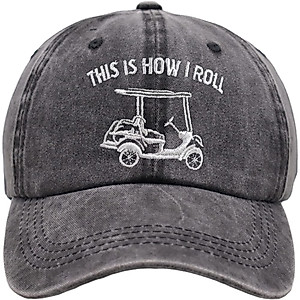Kamaple This is How I Roll Golf Cart Hat, Funny Golfers Adjustable Cotton Denim Baseball Cap for Men & Women (Embroidered Black, One Size)