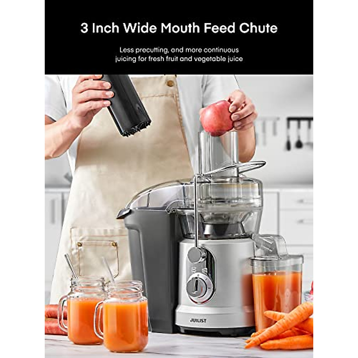 JUILIST Juicer Machines, 1000W Juicer Vegetable and Fruit with 3.2" Wider Mouth Food Chute, Easy to Clean, Large Power（1300W Peak）Juicer Extractor, 4S Fast Juicing & 2 Speeds Setting, Silver