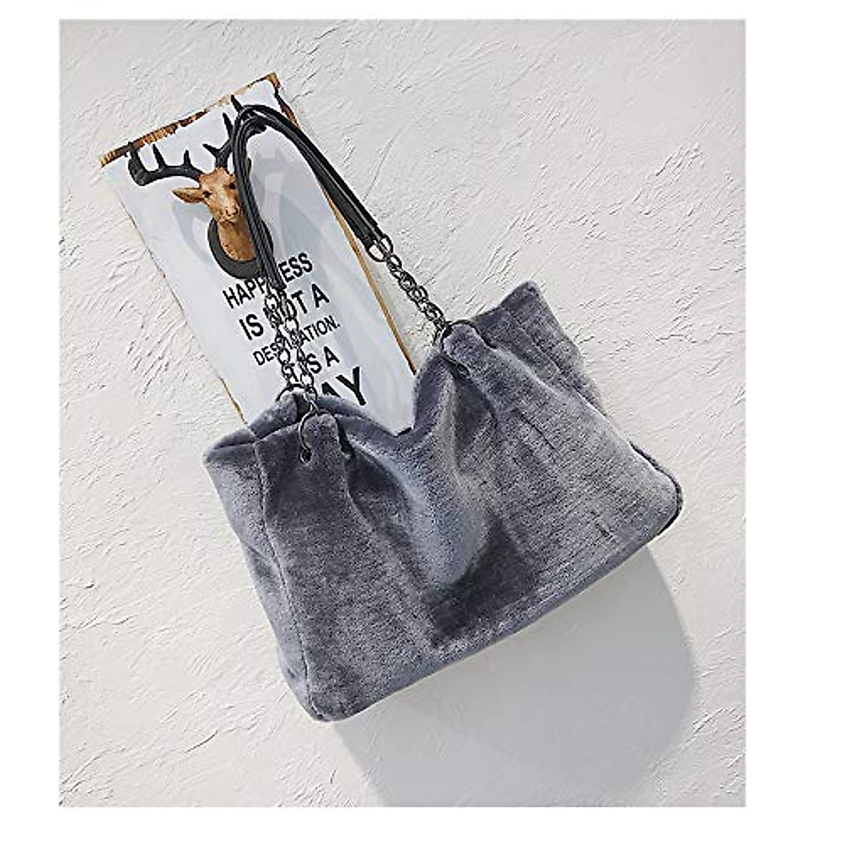 QTMY Faux Fur Tote Bag Purse Handbag for Women (Gray)